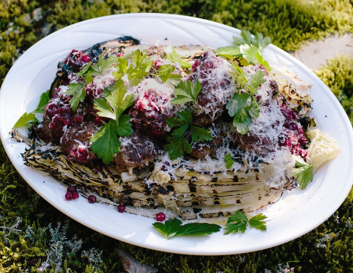 Moose Meatballs with Low Bush Cranberries & Smoked Cabbage – Barebones