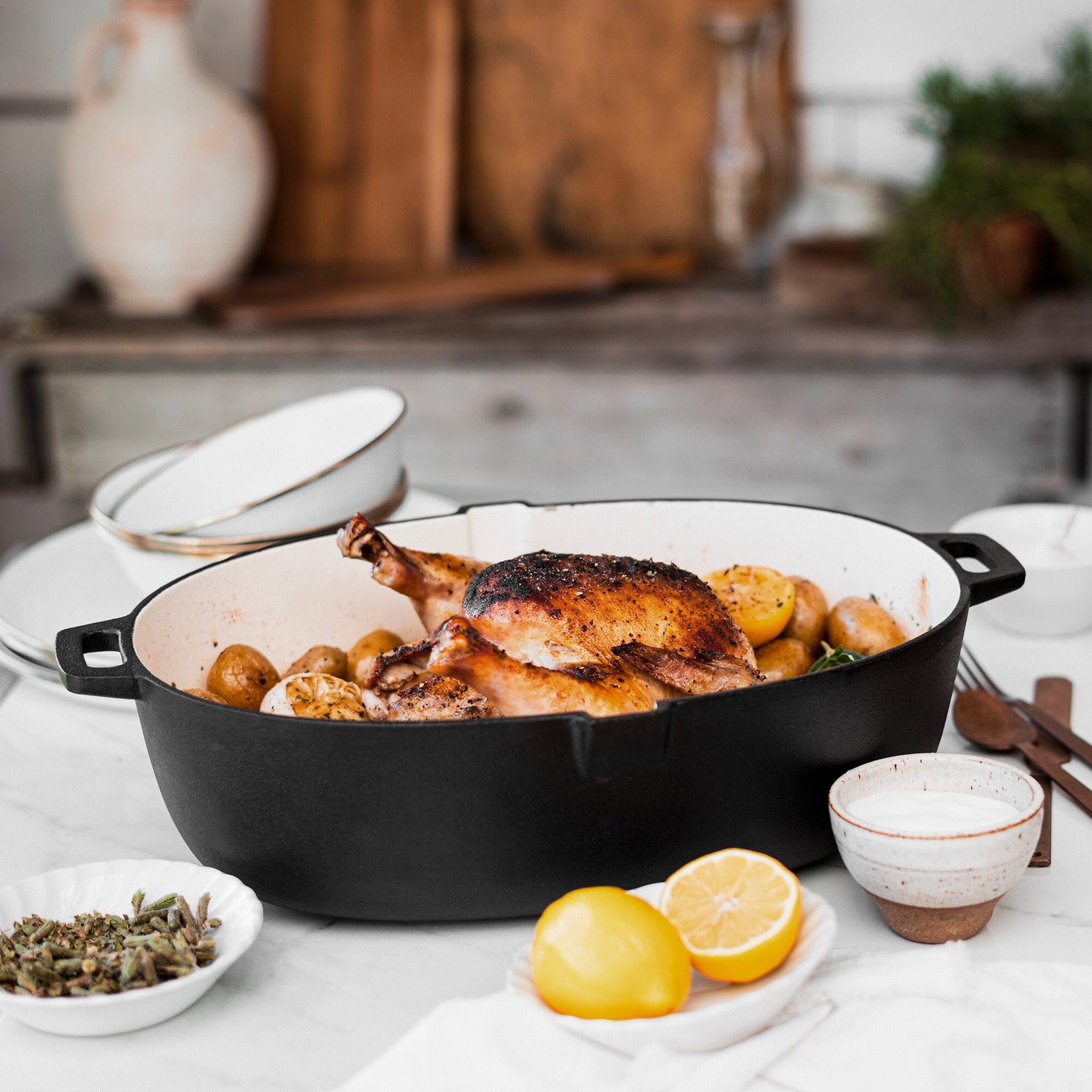 Barebones Enamel Lined Cast Iron Roaster | Enamel Roasting Pan